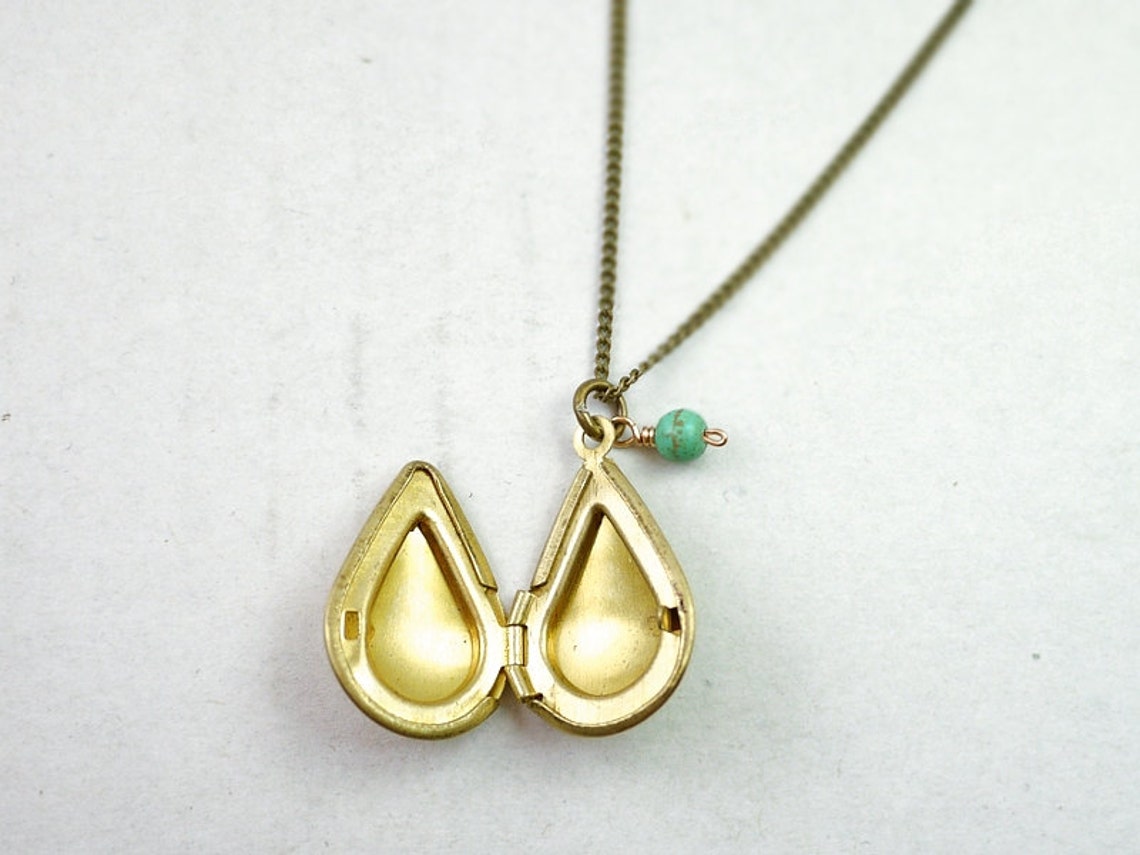 Gold Teardrop Locket Necklace- Antique Chain - Turquoise Bead ...