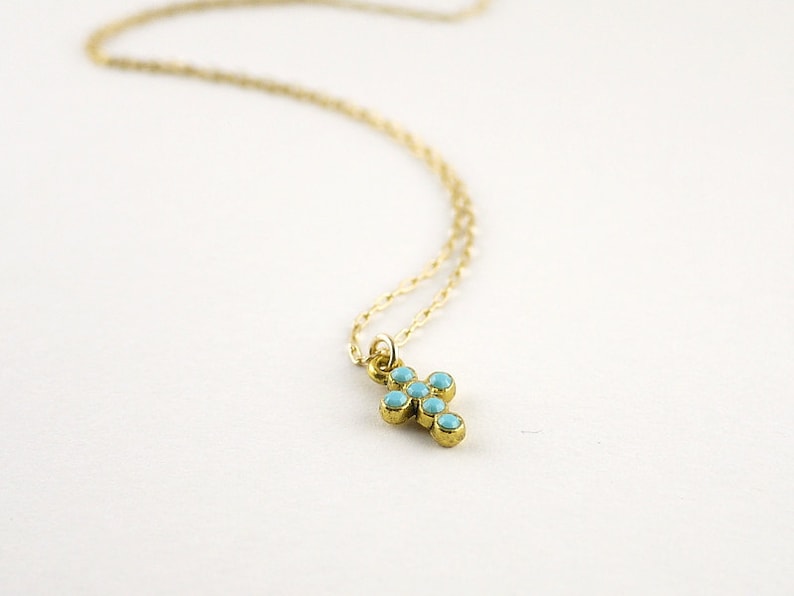 Turquoise Cross Necklace - Tiny Gold Cross on Gold Filled - Delicate ...