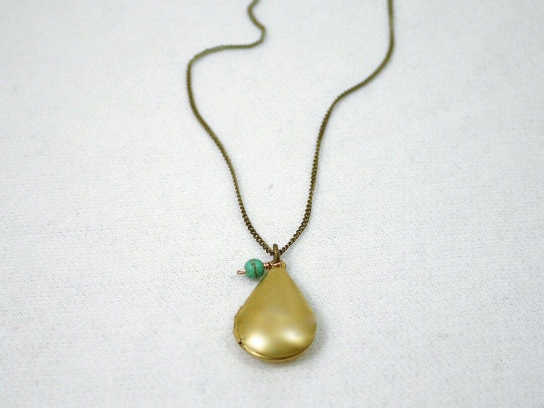 Gold Teardrop Locket Necklace- Antique Chain - Turquoise Bead ...