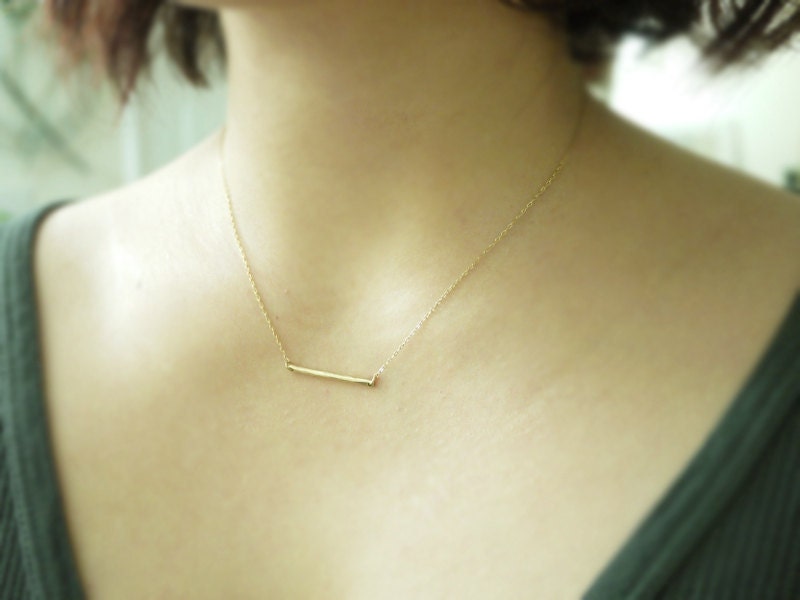 Gold Bar Necklace Horizontal Hammered Bronze on Gold | Etsy