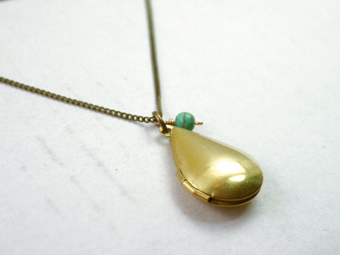 Gold Teardrop Locket Necklace- Antique Chain - Turquoise Bead ...