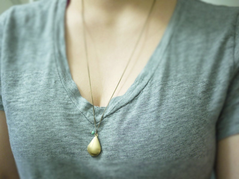 Gold Teardrop Locket Necklace- Antique Chain - Turquoise Bead ...