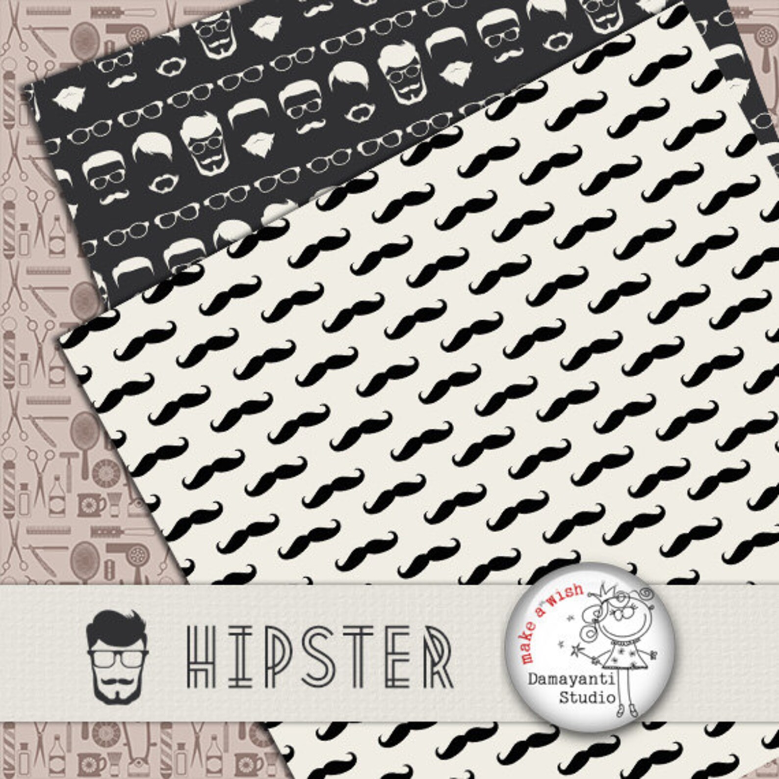 Hipster Digital Papers, Mustache Scrapbook Paper, Hipster Pattern ...