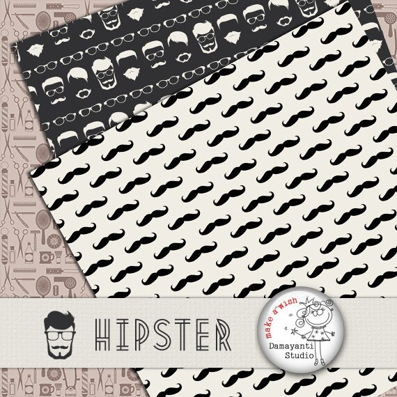 Hipster Digital Papers, Mustache Scrapbook Paper, Hipster Pattern ...