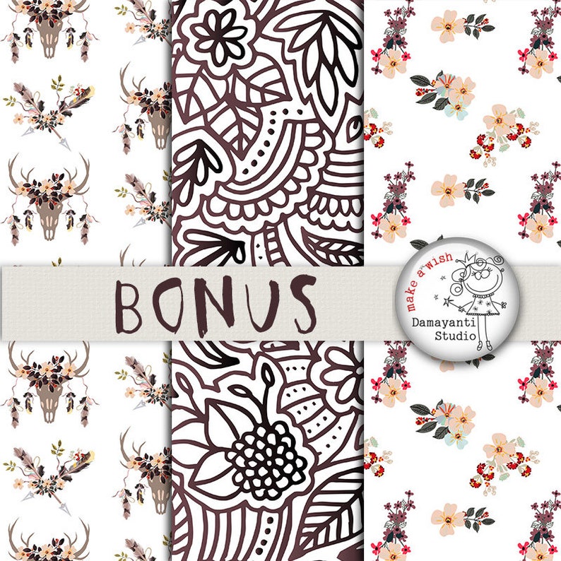 Boho Digital Papers Pack, Feather and Arrow Digital Paper, Seamless ...