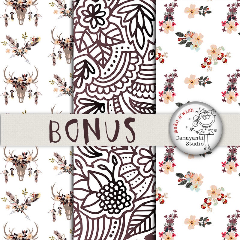 Boho Digital Papers Pack, Feather and Arrow Digital Paper, Seamless ...
