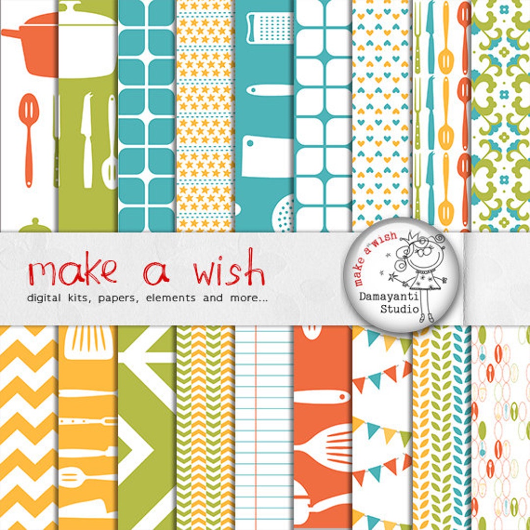 Retro Kitchen Digital Paper Background Set - Commercial and Personal ...