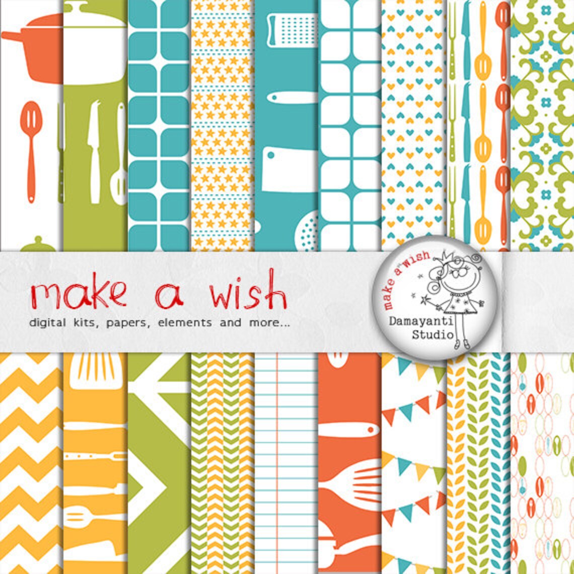 Retro Kitchen Digital Paper Background Set - Commercial and Personal ...