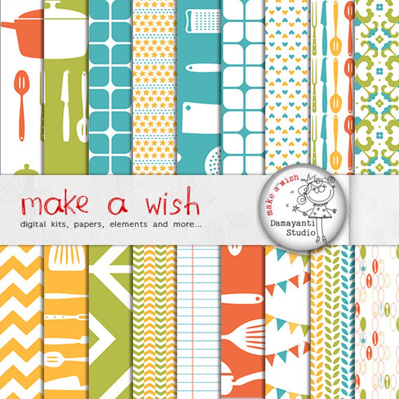 Retro Kitchen Digital Paper Background Set - Commercial and Personal ...