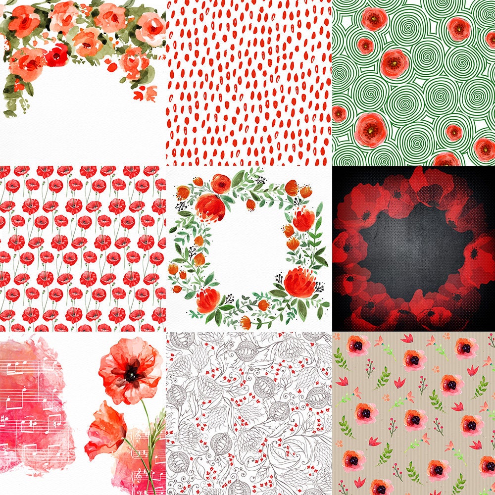 Poppy Flower Digital Paper, Patterned Paper, Watercolor Flowers ...