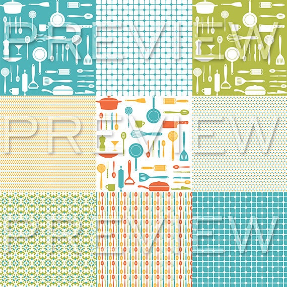 Retro Kitchen Digital Paper Background Set - Commercial and Personal ...