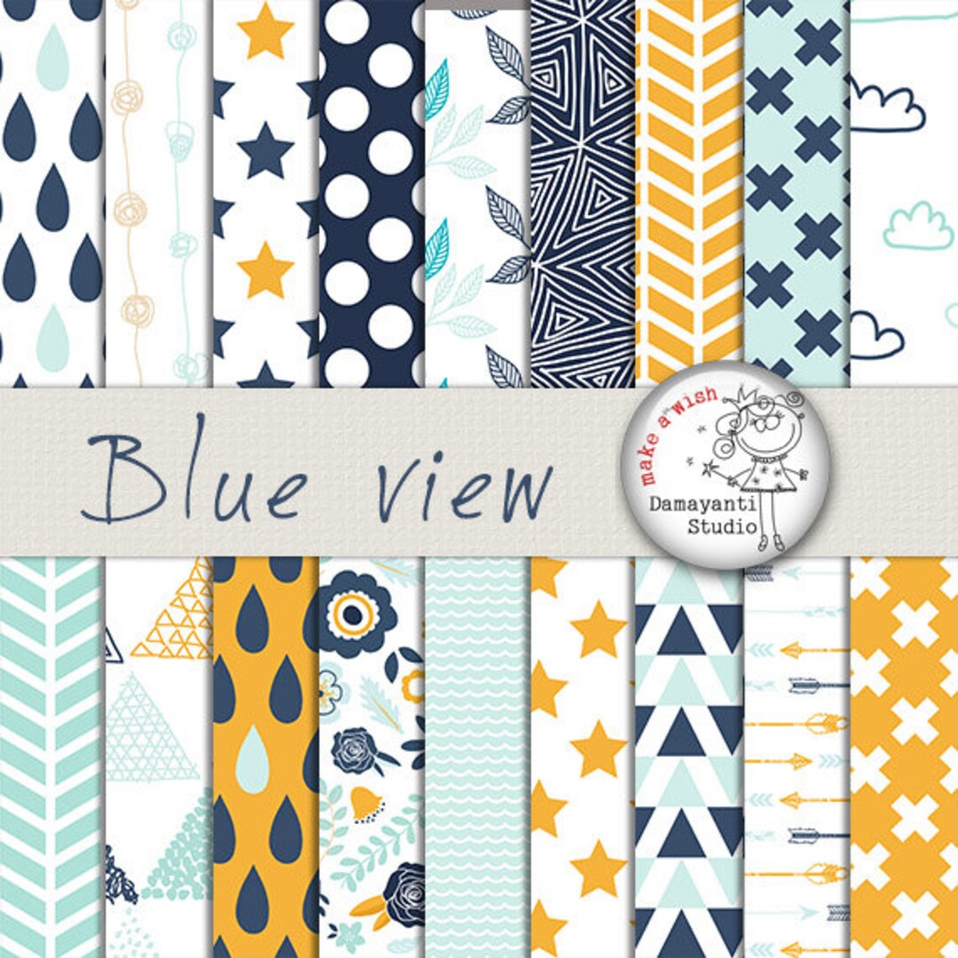 Yellow and Navy, Blue View Digital Paper - YELLOW AND BLUE, Dots Paper ...