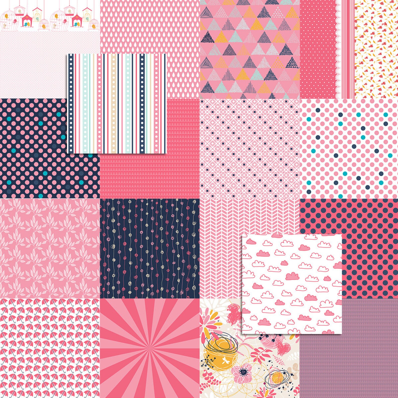 Pink, Navy, Fresh Air Digital Papers, Dots Paper, Umbrella Paper ...