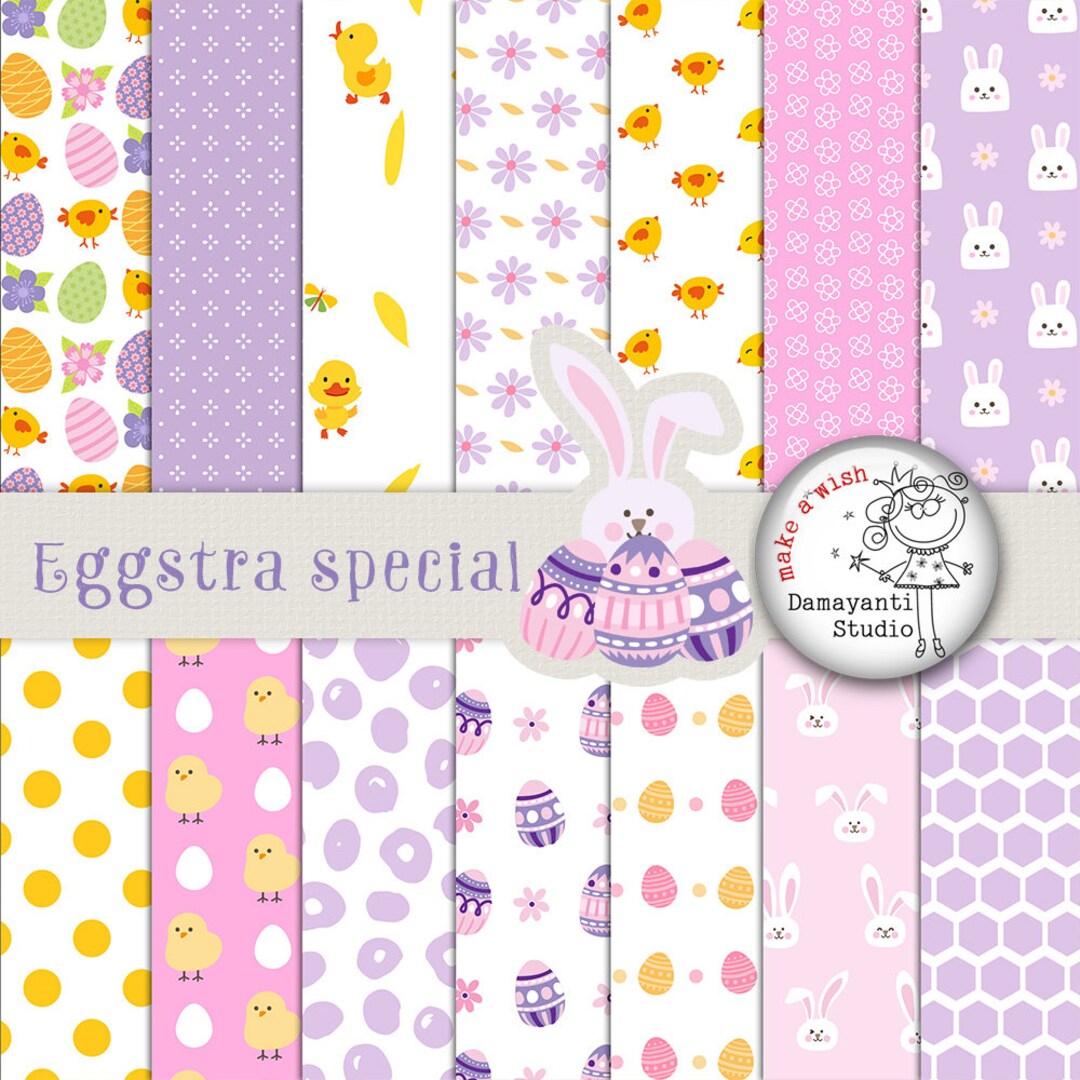 EASTER BUNNY Digital Paper in Pink, Yellow and Lilac, Eggs, Create ...