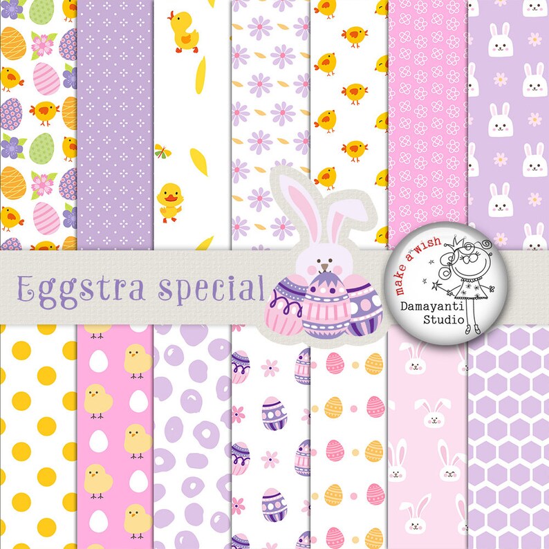 EASTER BUNNY Digital Paper in Pink, Yellow and Lilac, Eggs, Create ...