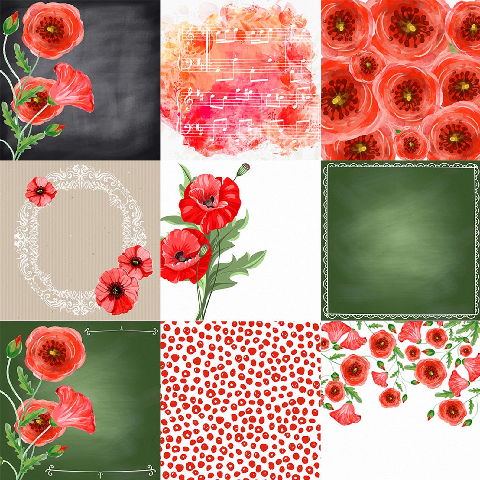 Poppy Flower Digital Paper, Patterned Paper, Watercolor Flowers ...