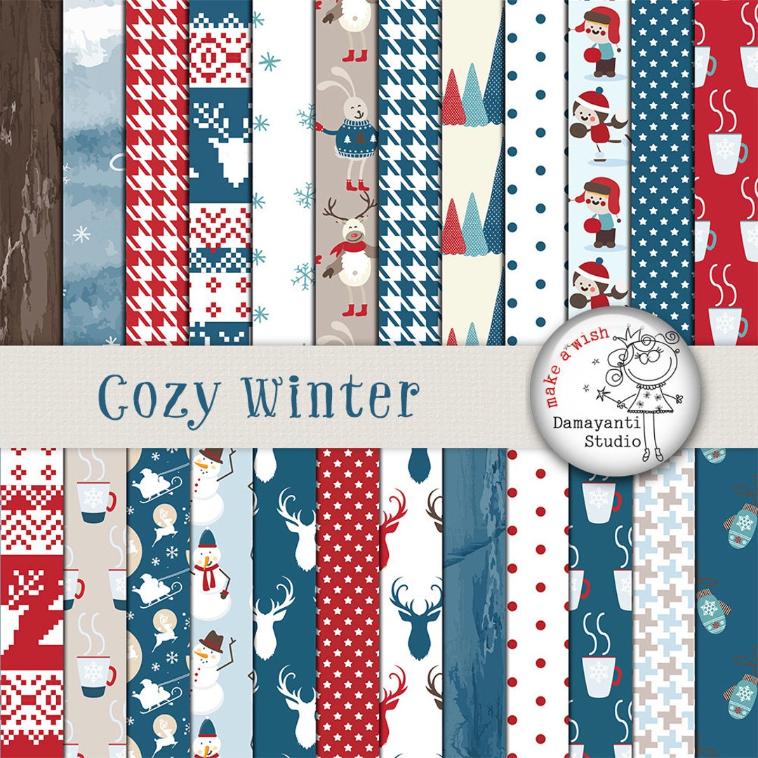 Cozy Winter Papers, Digital Papres, Christmas Papers, Red Blue Papers ...