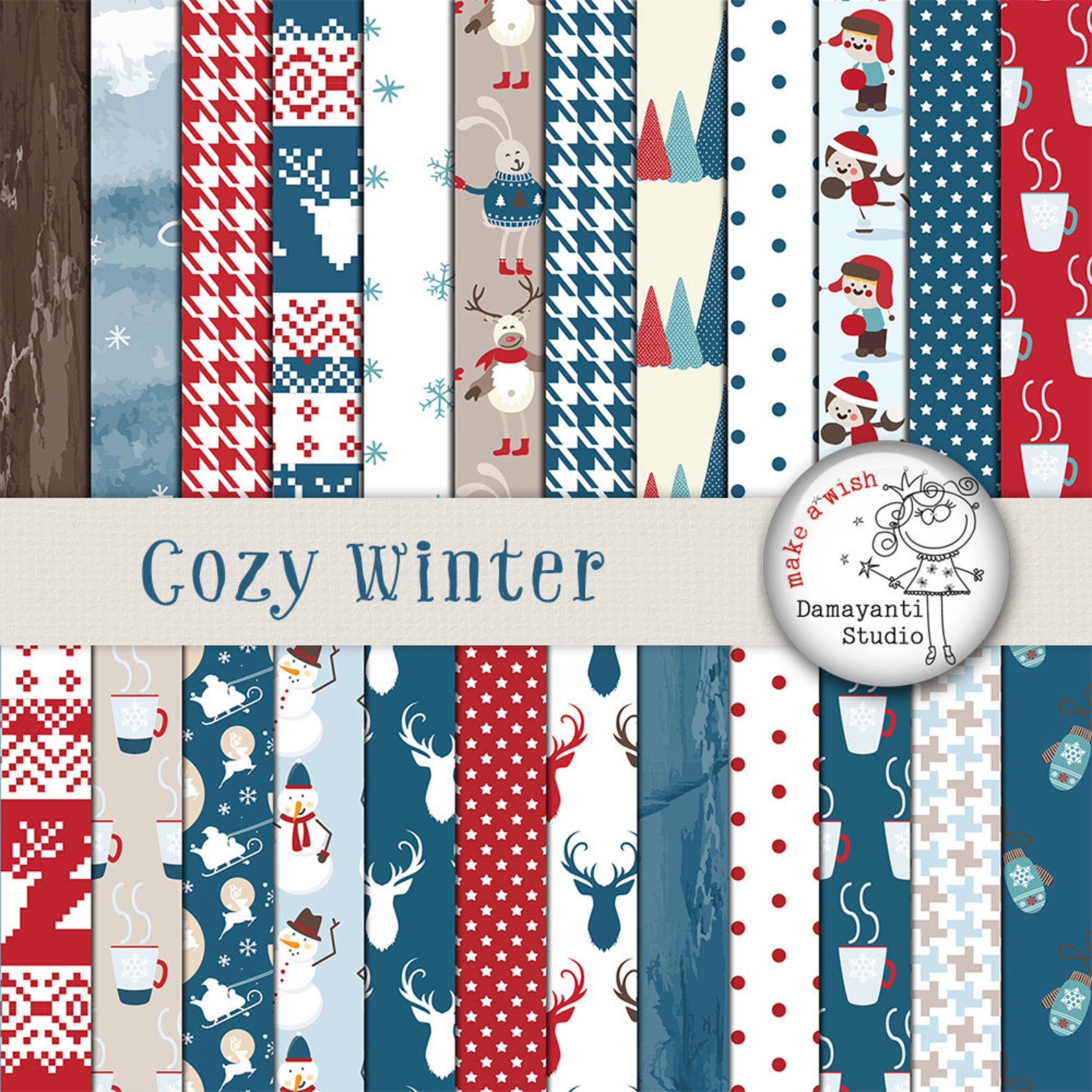 Cozy Winter Papers, Digital Papres, Christmas Papers, Red Blue Papers ...