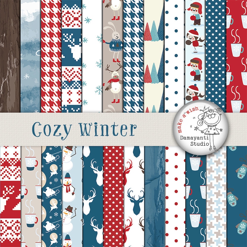 Cozy Winter Papers, Digital Papres, Christmas Papers, Red Blue Papers ...