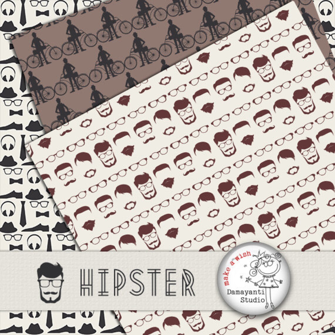 Hipster Digital Papers, Mustache Scrapbook Paper, Hipster Pattern ...