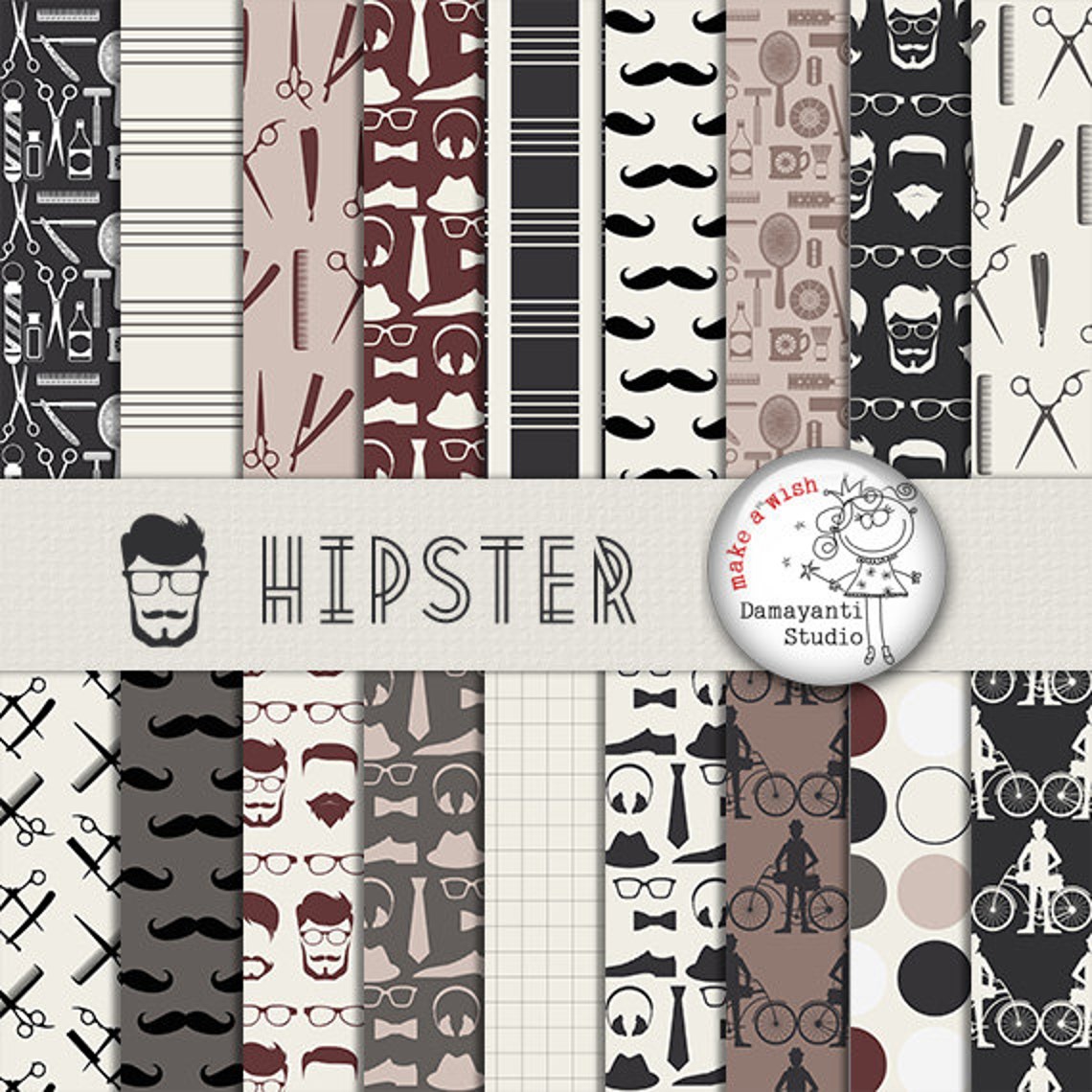 Hipster Digital Papers, Mustache Scrapbook Paper, Hipster Pattern ...