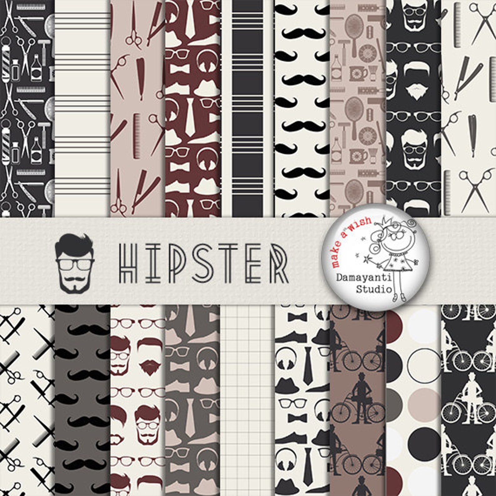 Hipster Digital Papers, Mustache Scrapbook Paper, Hipster Pattern ...