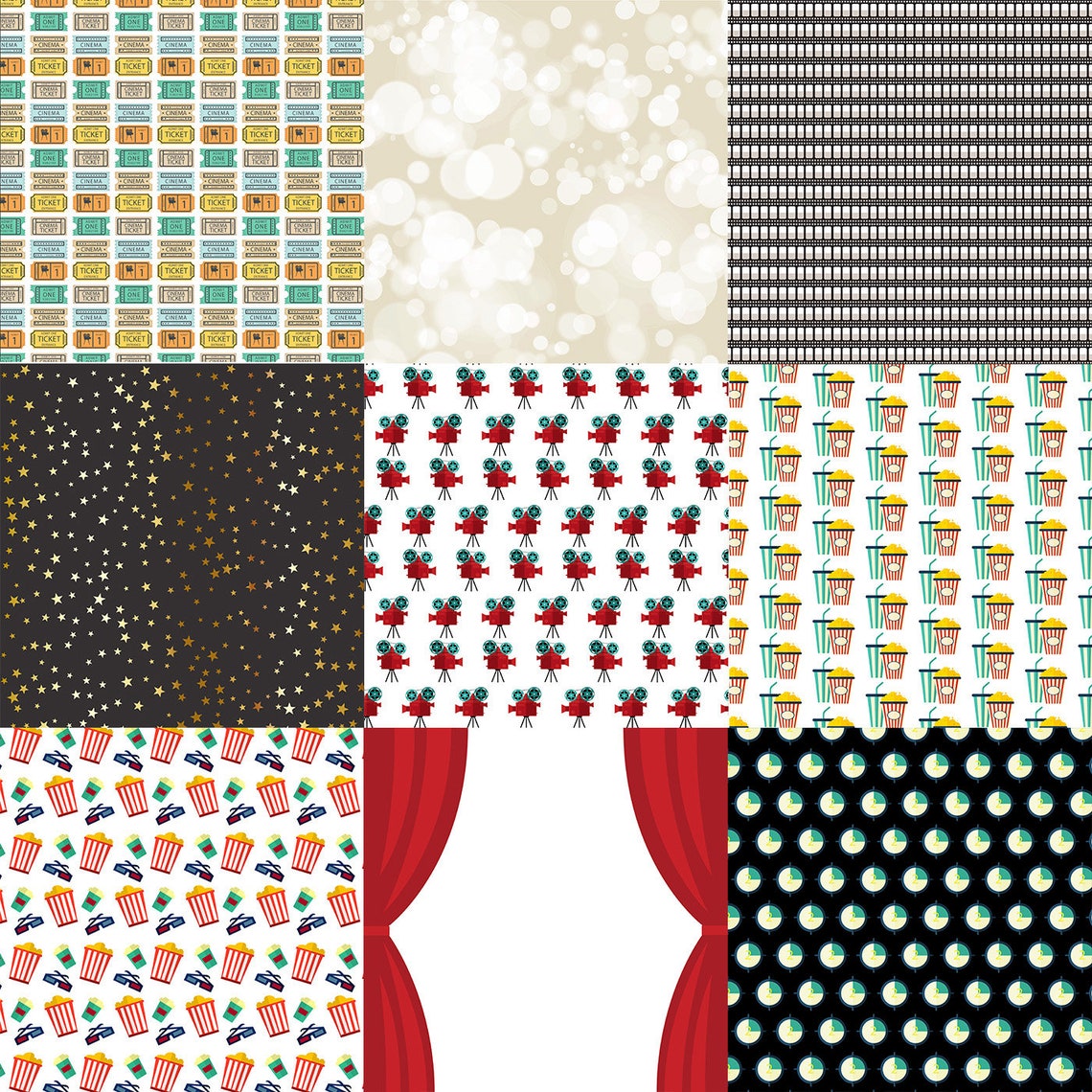 Cinema Digital Paper, Movie Theater Scrapbook Backgrounds, Film Camera ...