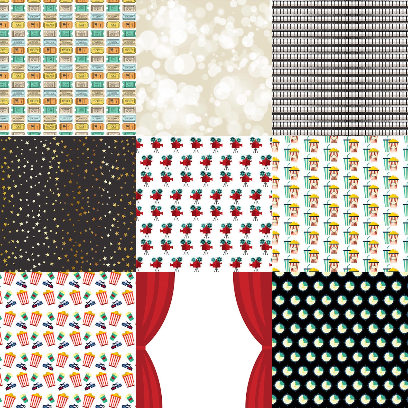 Cinema Digital Paper, Movie Theater Scrapbook Backgrounds, Film Camera ...