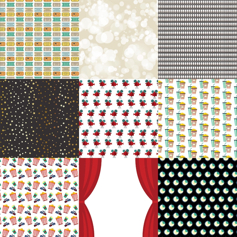 Cinema Digital Paper, Movie Theater Scrapbook Backgrounds, Film Camera ...