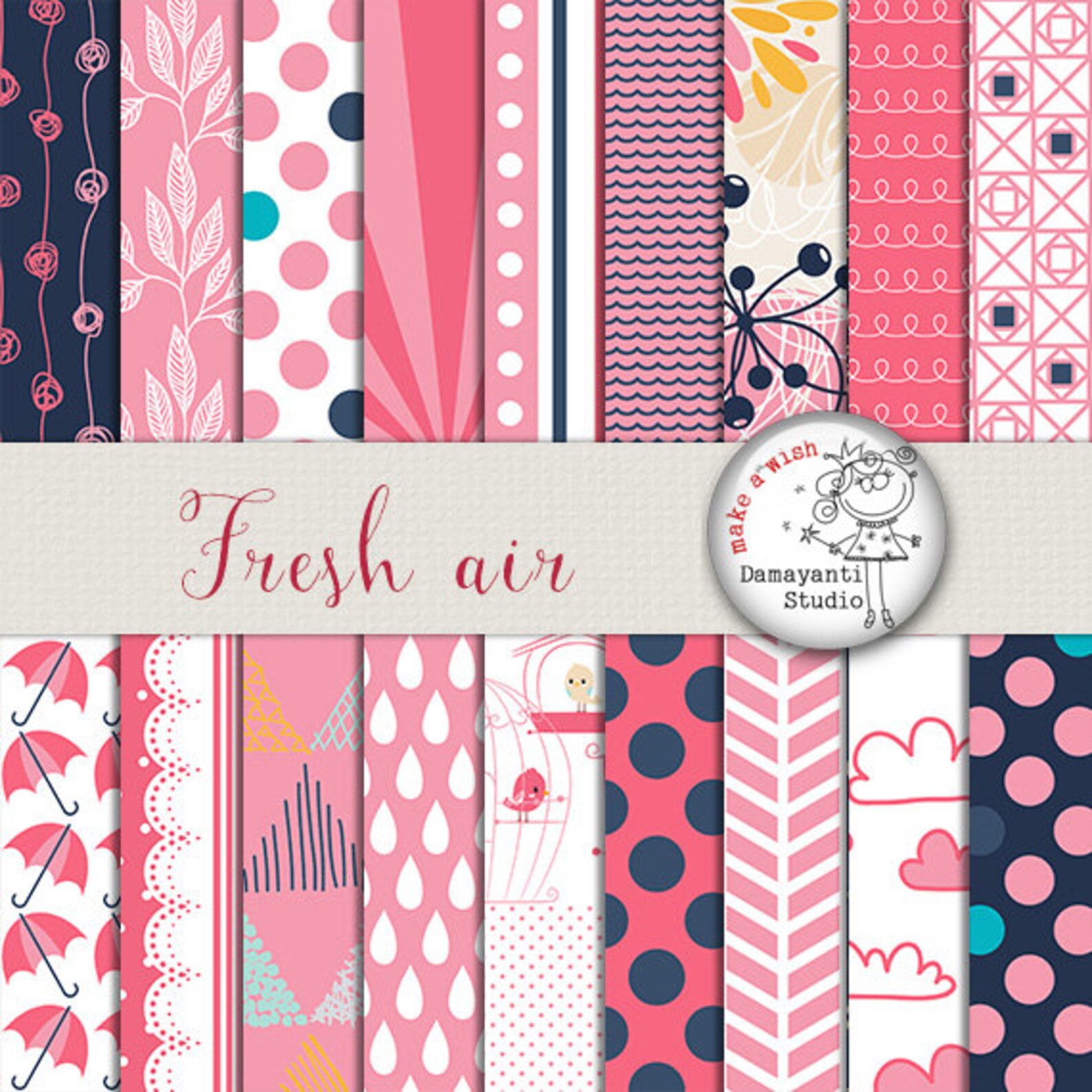Pink, Navy, Fresh Air Digital Papers, Dots Paper, Umbrella Paper ...