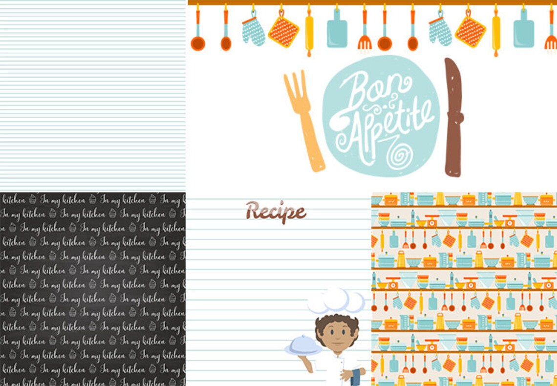 Bon Appetite, Food Papers, Kitchen Papers, Retro Kitchen Digital Paper ...