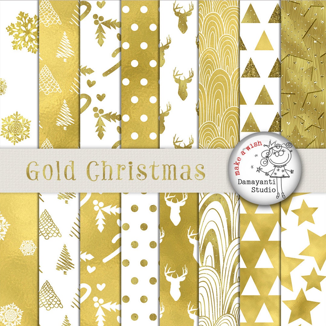 Christmas Digital Paper, Christmas Scrapbook Paper, White & Gold, Gold ...