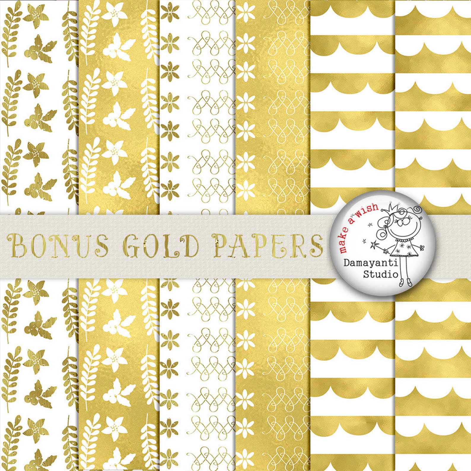 Christmas Digital Paper, Christmas Scrapbook Paper, White & Gold, Gold ...