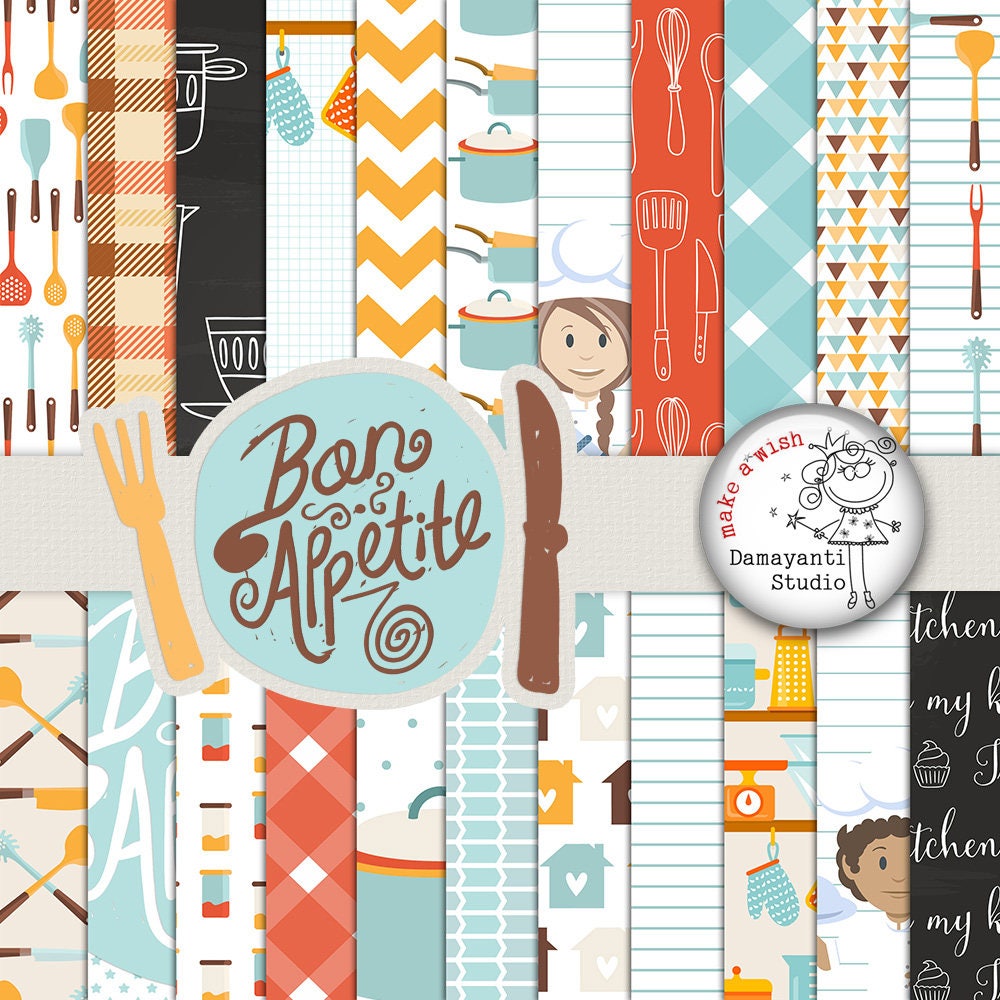 Bon Appetite, Food Papers, Kitchen Papers, Retro Kitchen Digital Paper ...
