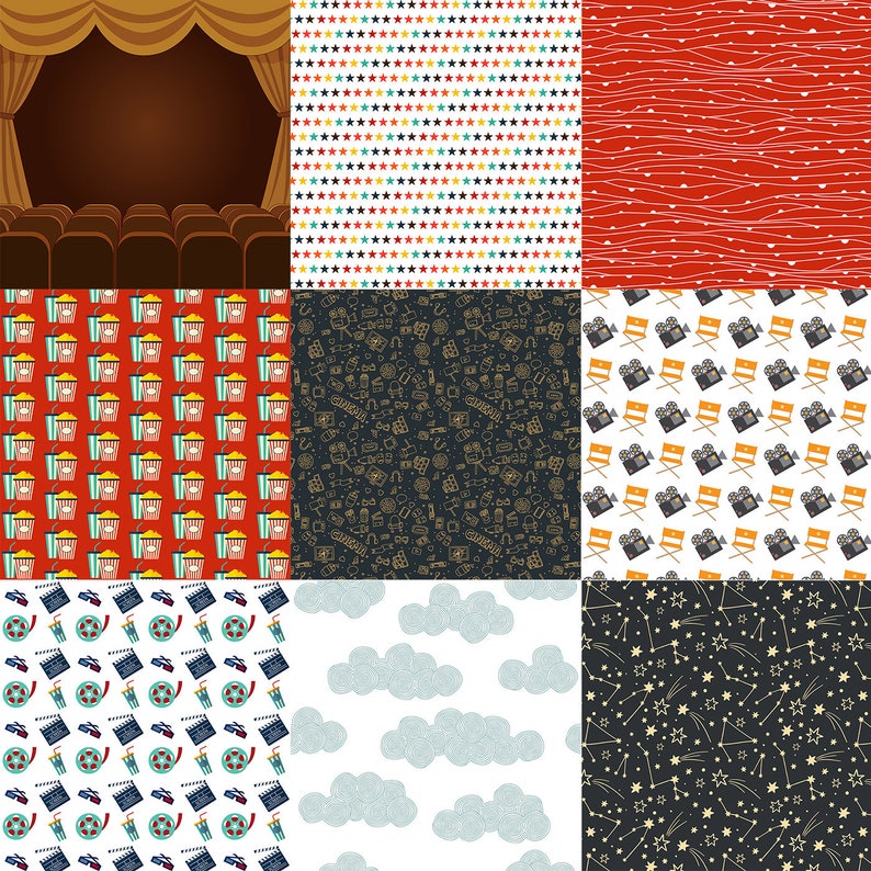 Cinema Digital Paper, Movie Theater Scrapbook Backgrounds, Film Camera ...