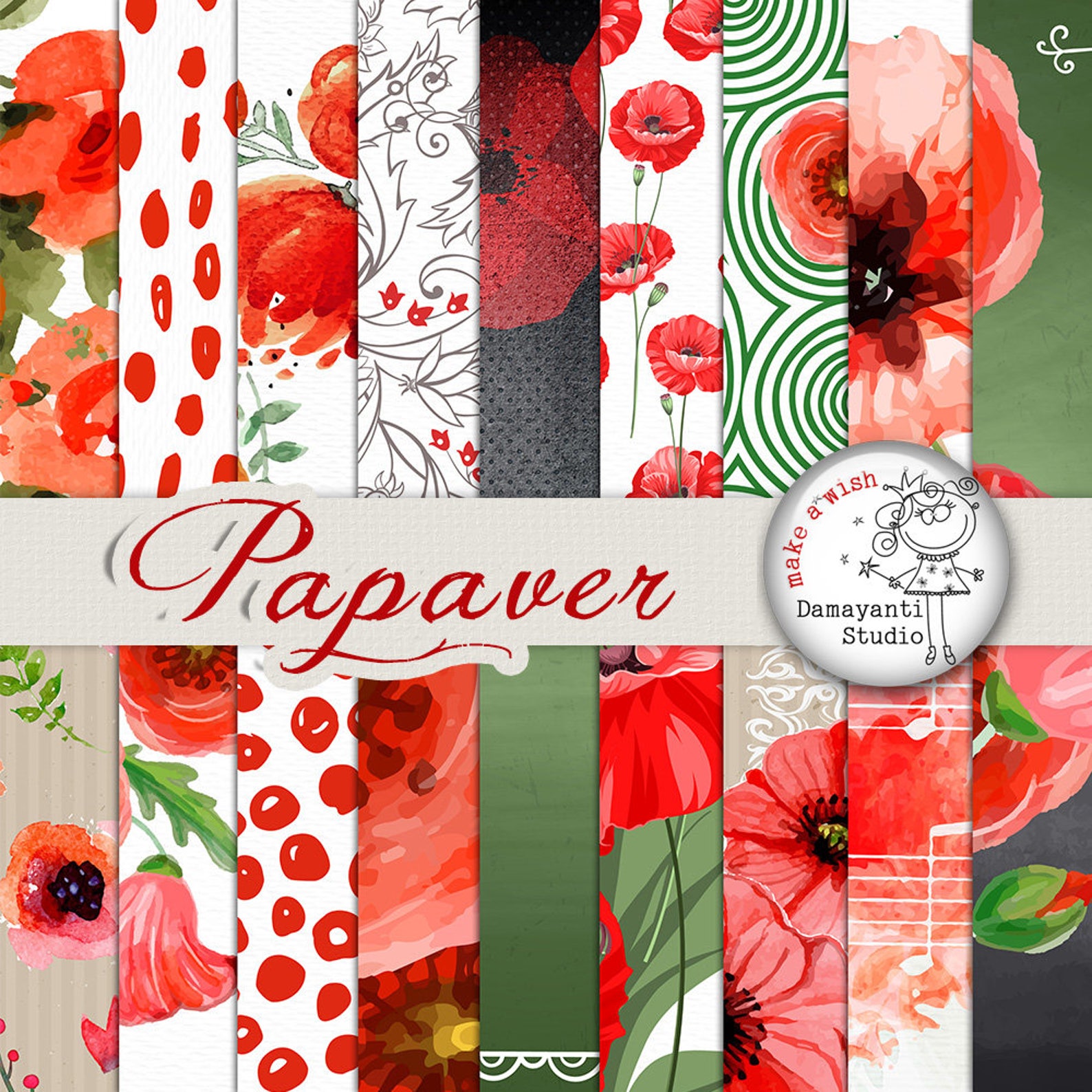 Poppy Flower Digital Paper, Patterned Paper, Watercolor Flowers ...