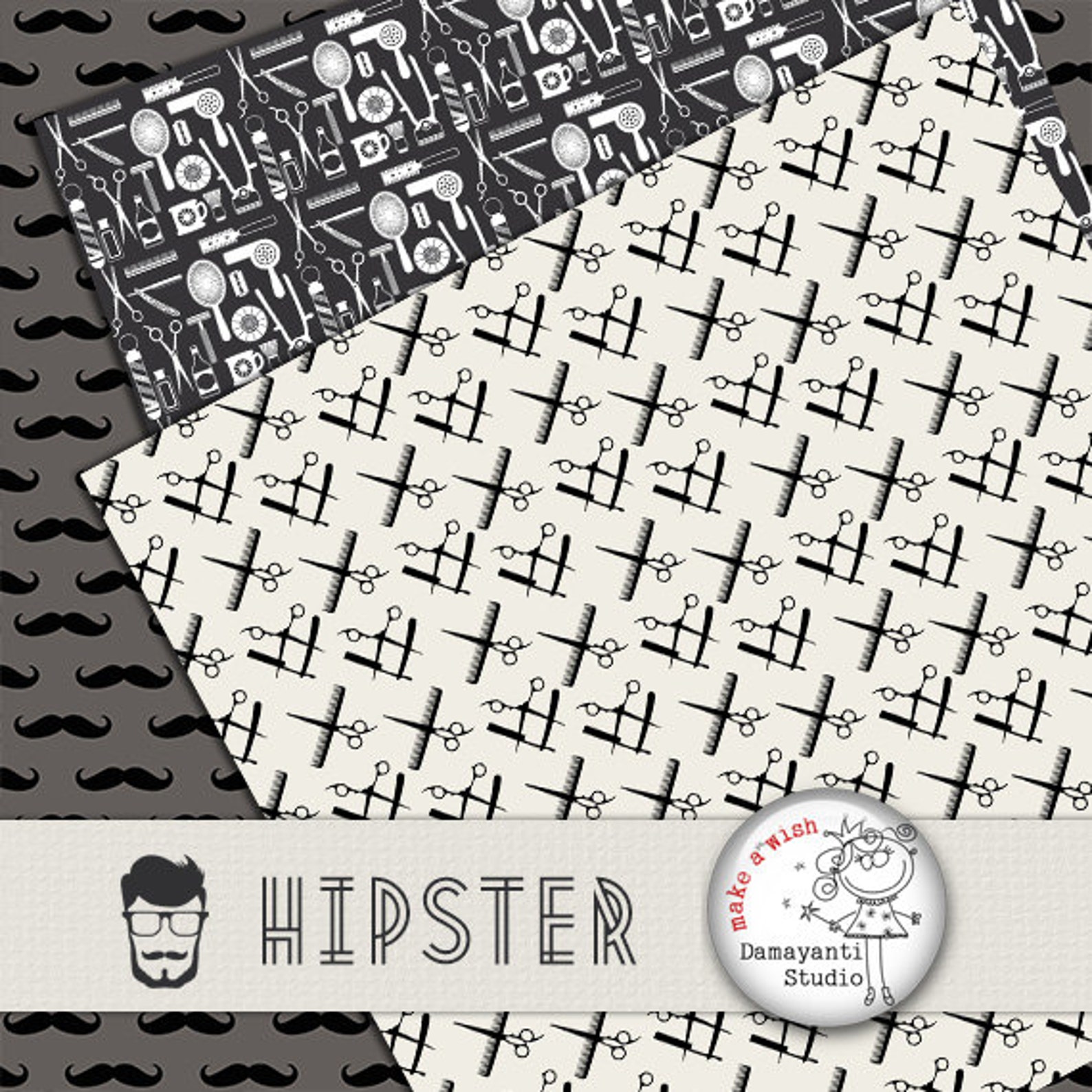 Hipster Digital Papers, Mustache Scrapbook Paper, Hipster Pattern ...
