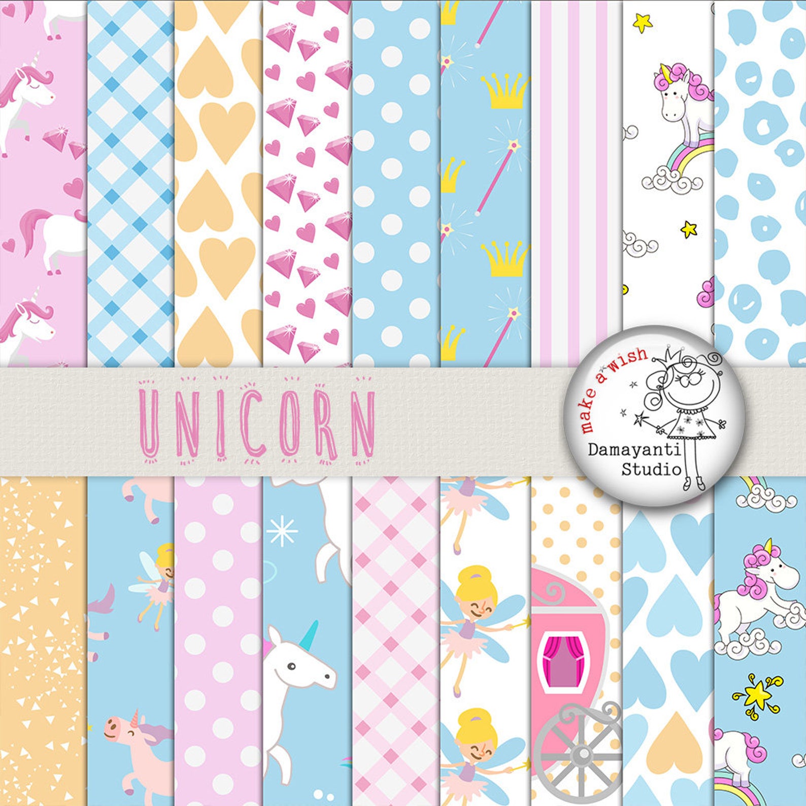 Unicorn Digital Papers, Heart Papers, Pink Papers, Crown Papers, Blue ...