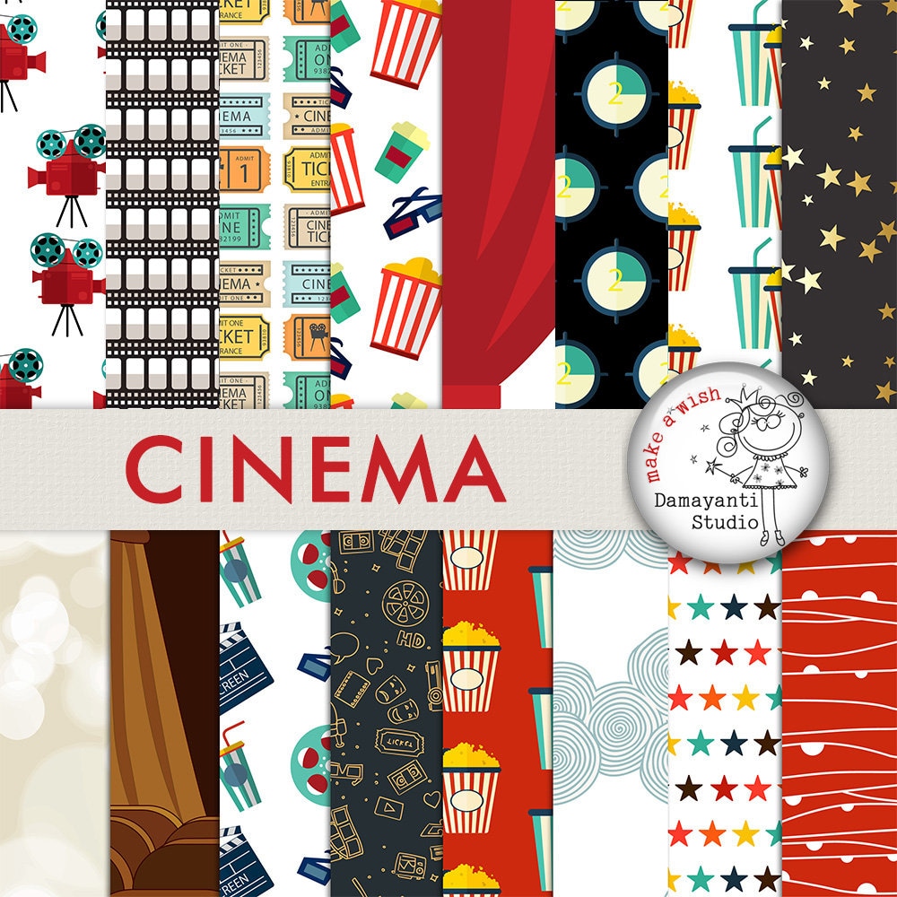 Cinema Digital Paper, Movie Theater Scrapbook Backgrounds, Film Camera ...