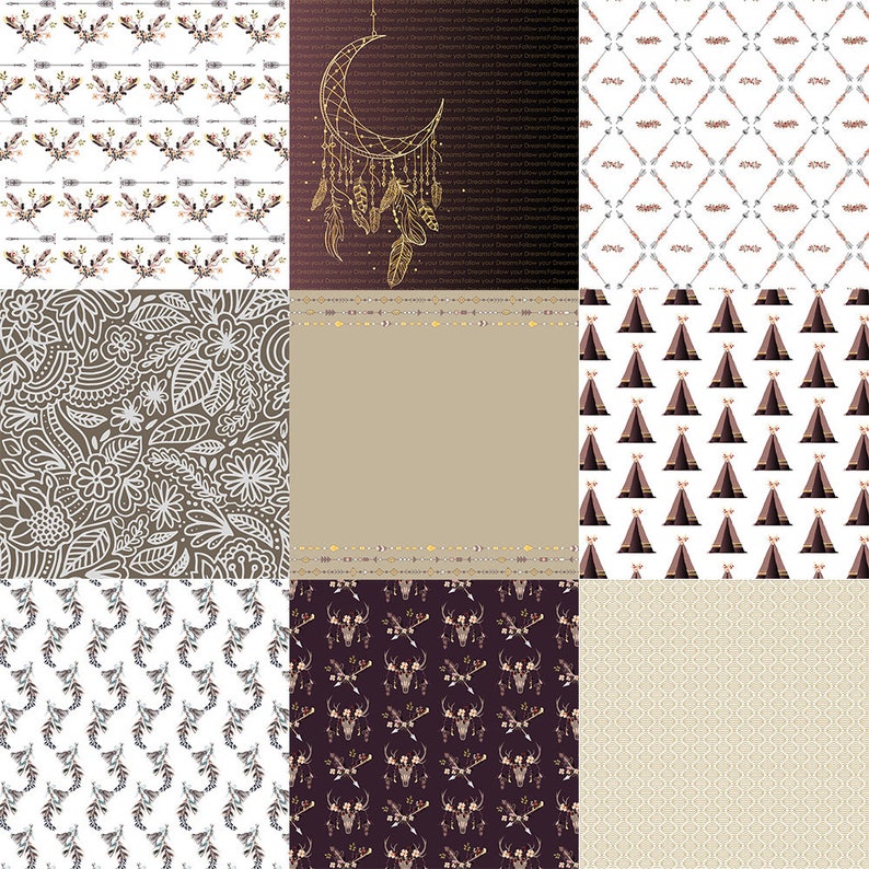 Boho Digital Papers Pack, Feather and Arrow Digital Paper, Seamless ...