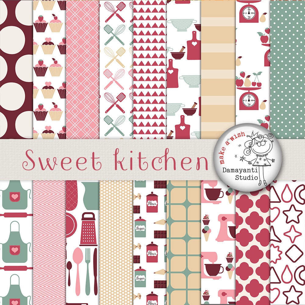 Kitchen Digital Paper, Kitchen Utensils Crockery Backgrounds, Retro ...