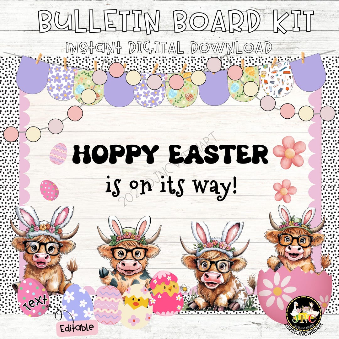 Easter Bulletin Board Kit | Hoppy Easter Highland Cow Classroom Decor ...