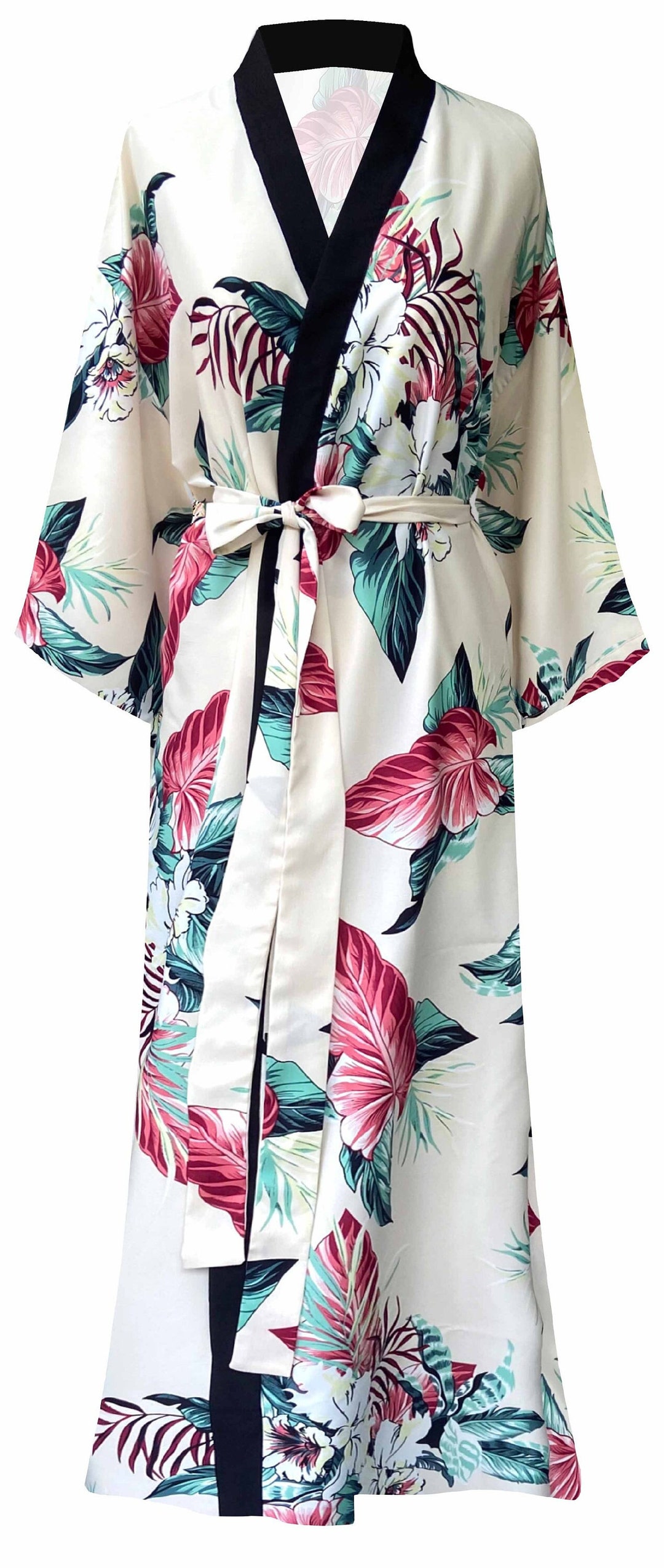 Cream Floral Long Kimono Robes Women's Kimono Robe and Blossoms Printed ...