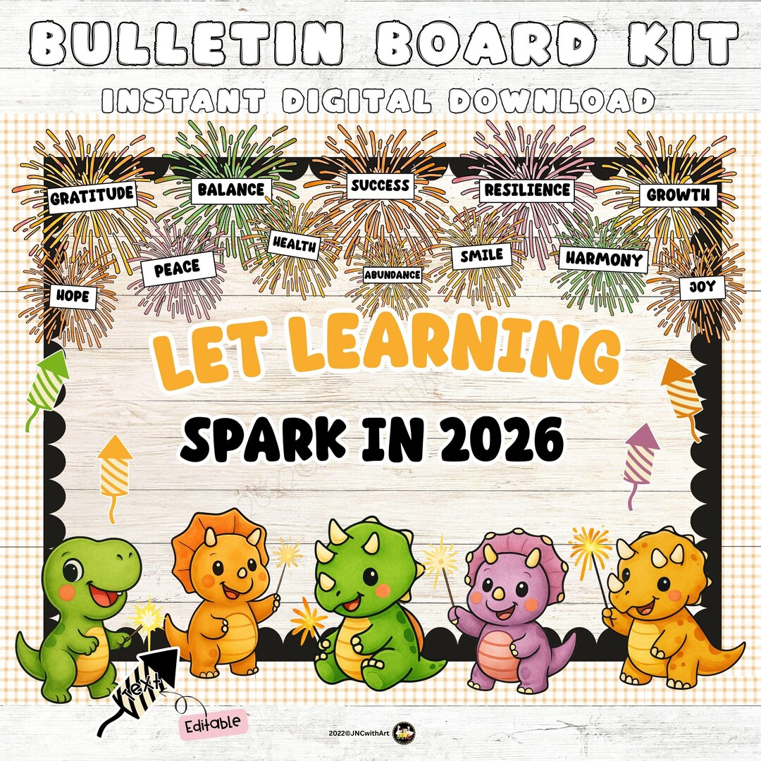Dinosaur New Year Bulletin Board Kit 2026 | Fireworks Theme Classroom ...