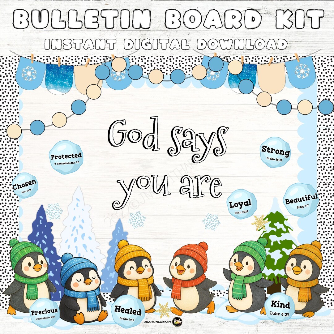 Winter Christian Bulletin Board Kit | Penguin Bible Verse Decor ...