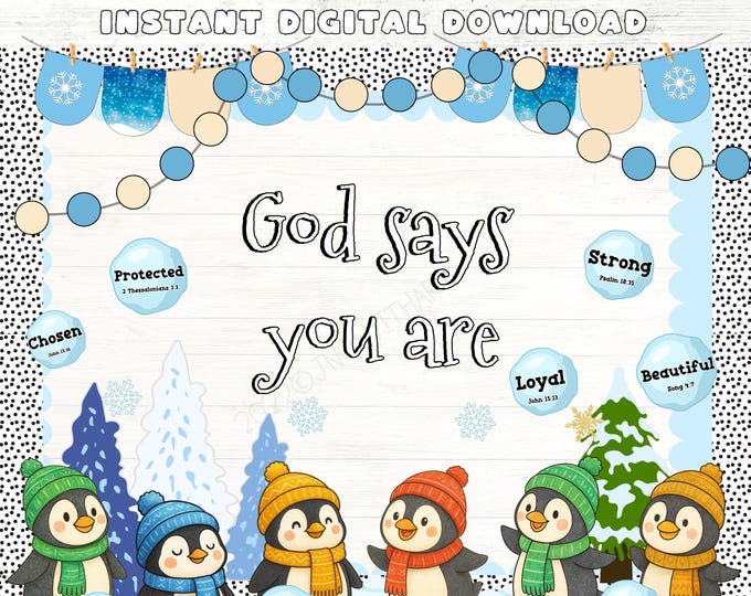 Winter Christian Bulletin Board Kit | Penguin Bible Verse Decor ...