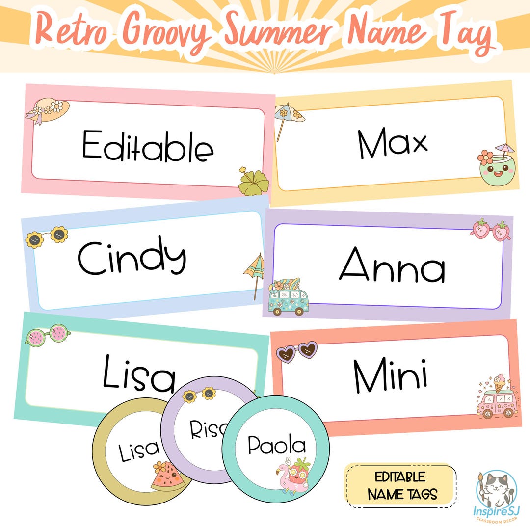 Retro Groovy Summer Name Tags, Summer Name Tags, Name Labels, Retro ...