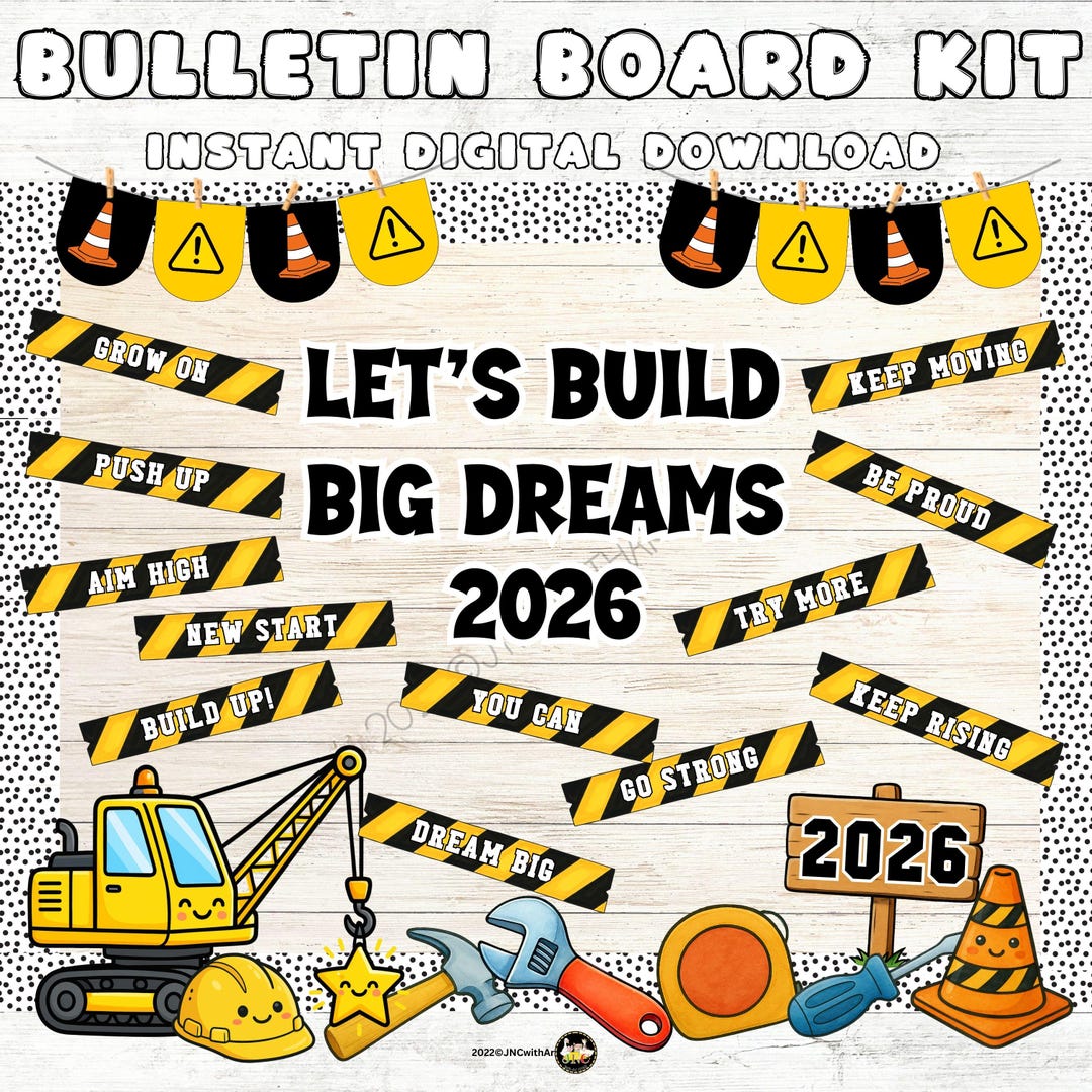 Construction New Year 2026 Bulletin Board Kit | Build Theme Classroom ...