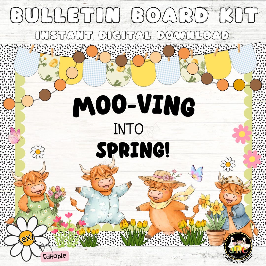 Highland Cow Spring Bulletin Board Kit | Moo-ving Into Spring Classroom ...