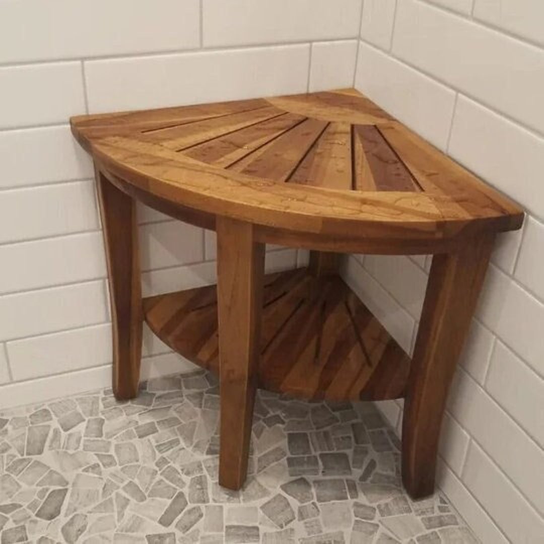 Rustic Teak Corner Shower Bench With Leg Levelers 2-shelf - Etsy